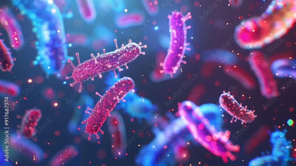 Microbes interacting with sanitation products, highlighted by vibrant ...