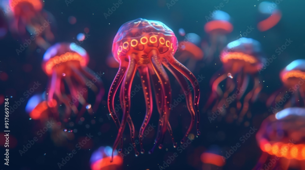 Protozoan parasites shown as tiny robots invading cells, glowing ...