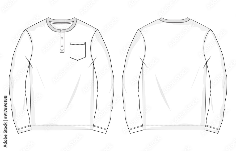 Long sleeve with pocket t shirt technical drawing fashion flat sketch ...