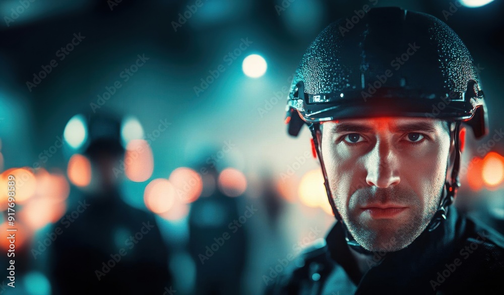 Police officer in uniform preparing for patrol in a busy precinct ...