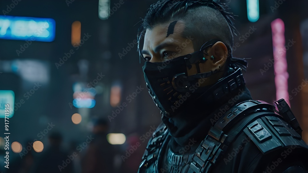 futuristic ninja samurai potrait standing in cyberpunk science fiction ...