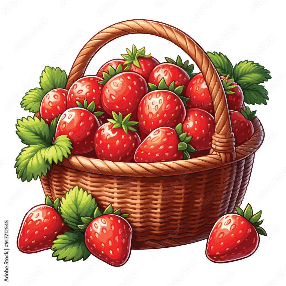 vector illustration of a basket filled with strawberries in a realistic ...