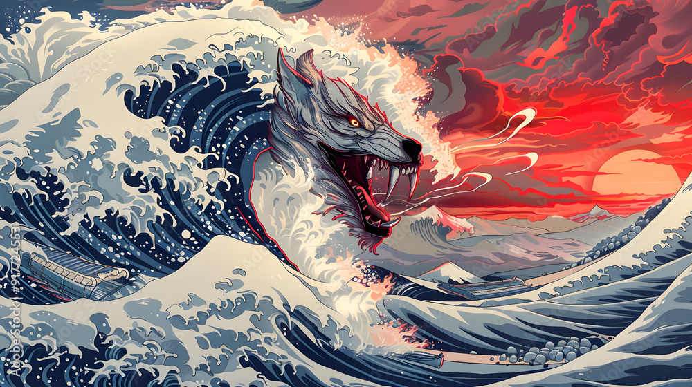 Ocean Wolf Head Wave. An impressive waves off kanagawa illustration in ...