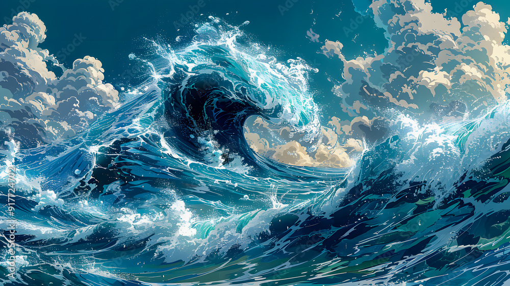 Ocean Wolf Head Wave. An impressive waves off kanagawa illustration in ...