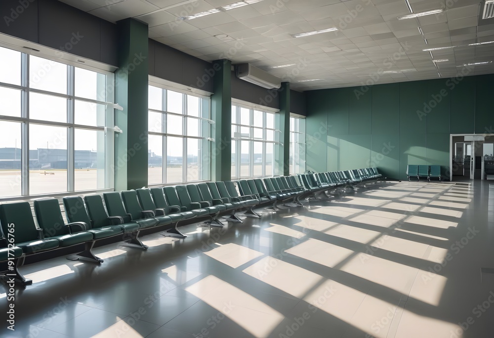 Waiting room at the airport. A large waiting area with rows of green ...