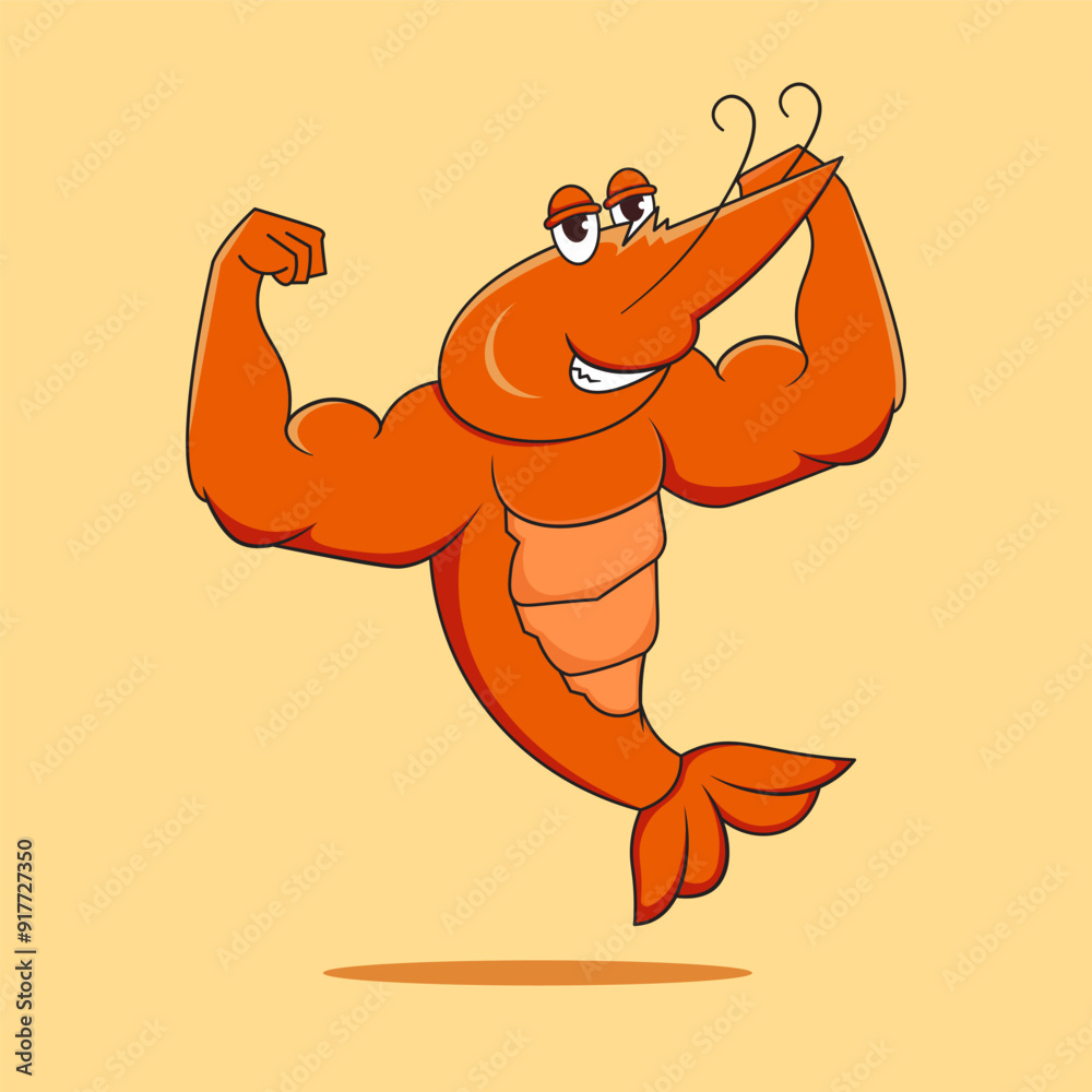 Graphic vector illustration of a muscular shrimp character with a big ...