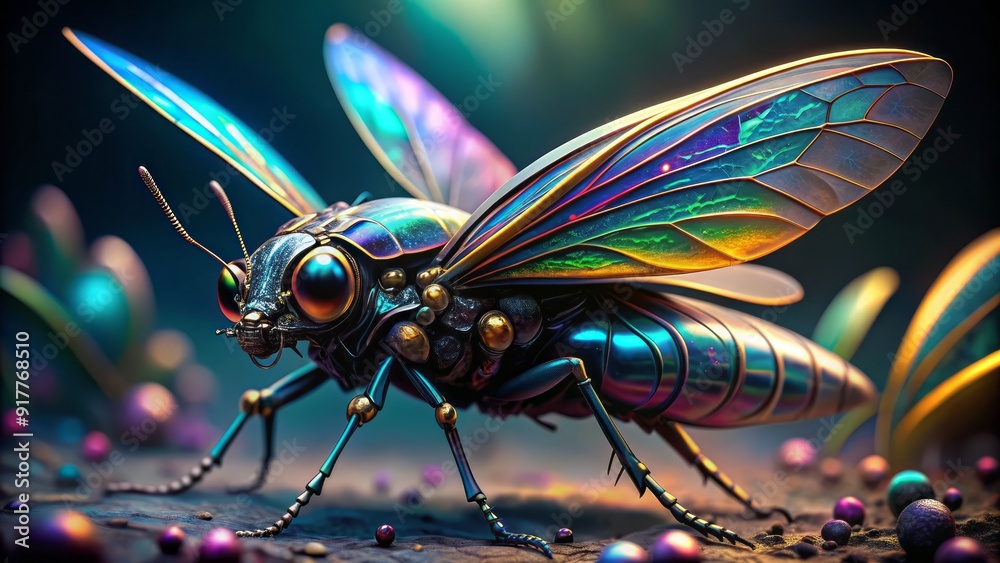 Macro shot of a futuristic robotic insect with iridescent wings and ...