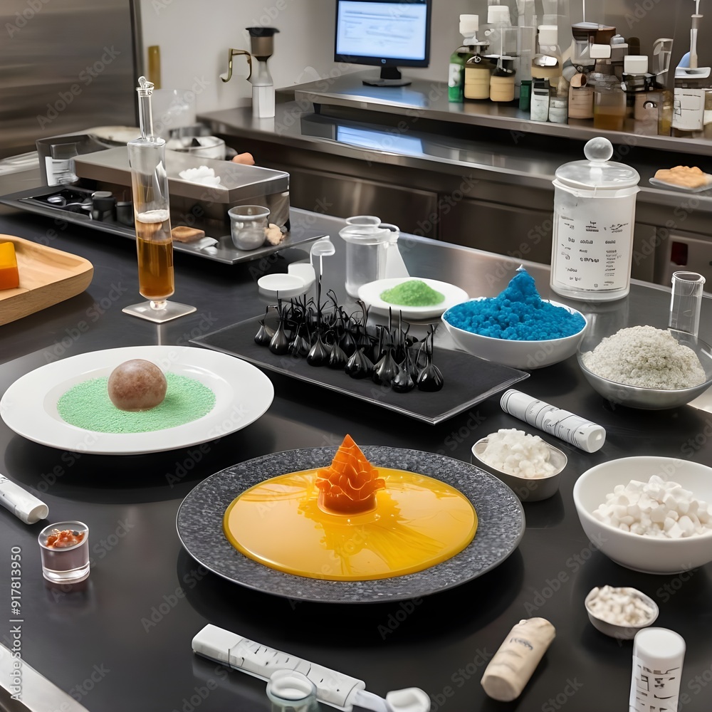 Ingredients for a molecular gastronomy dish displayed on a counter ...