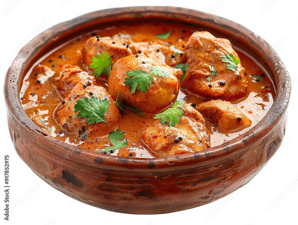 Delicious chicken curry served in a traditional clay bowl, garnished ...