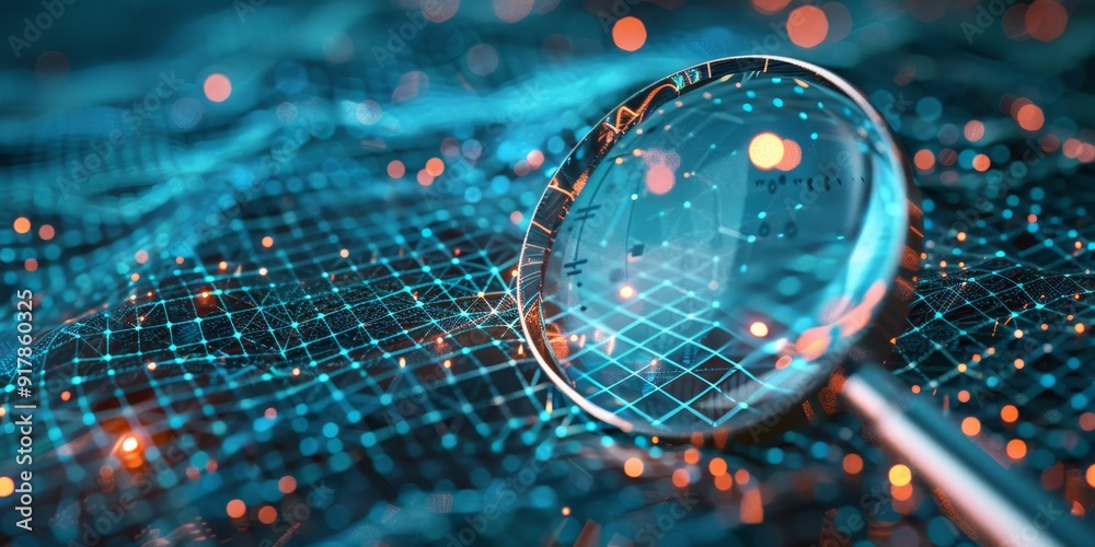 Magnifying glass examining a network grid, highlighting intricate ...