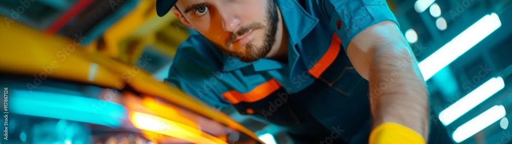 Car mechanic in blue uniform and cap, working under a vehicle in a ...