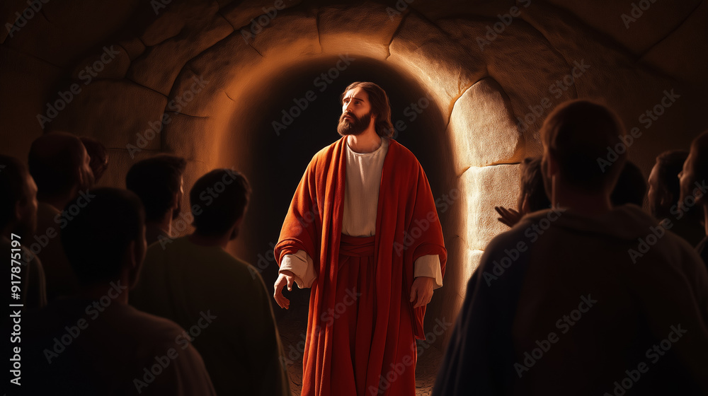 Jesus raising Lazarus from the dead, with Lazarus emerging from the ...