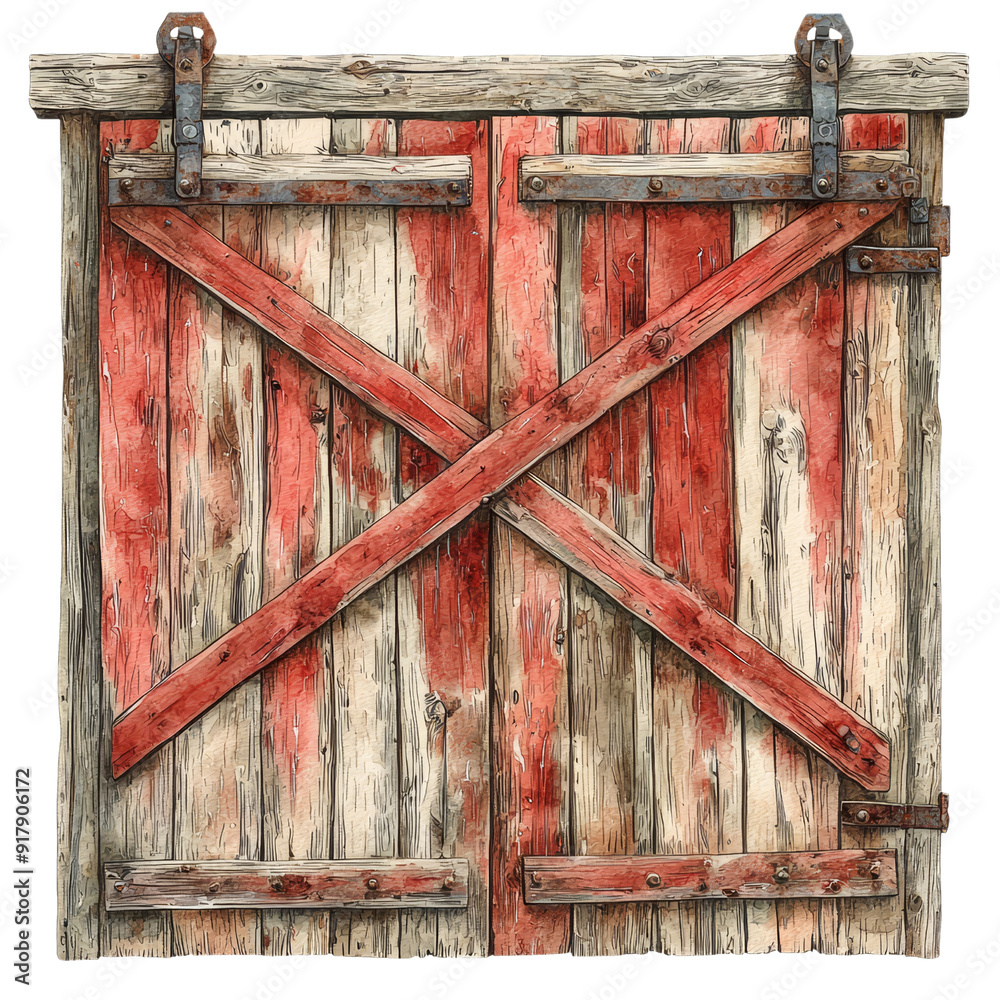 Rustic red barn door in watercolor style with wooden planks and iron ...