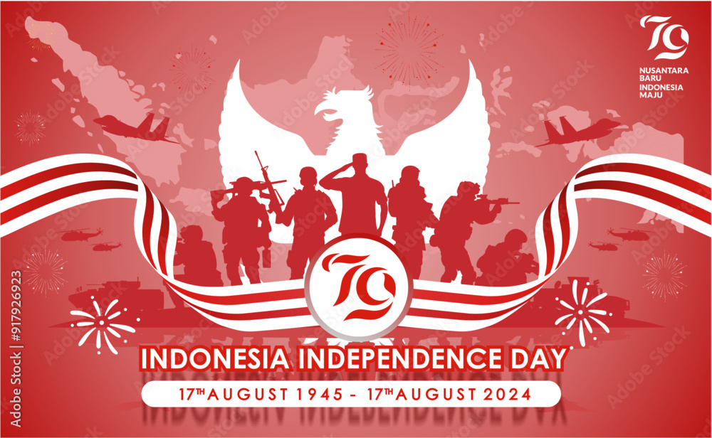 79th Anniversary of Indonesia 2024 Vector Illustration with army silhouette, dynamic red white ...