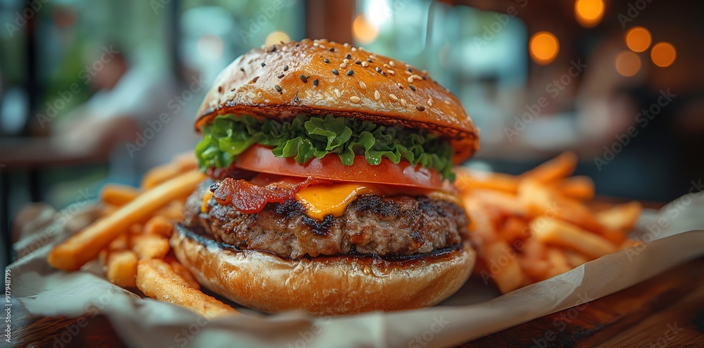 person holding up two different burgers with fries on the tray below ...