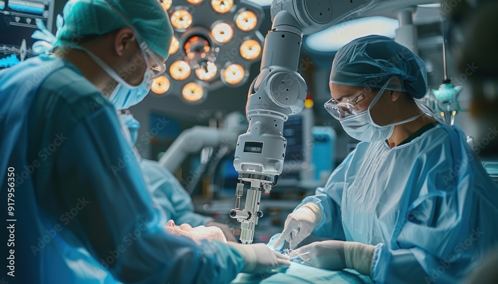 Foto Surgeons are using a modern medical robot to perform surgery on a ...