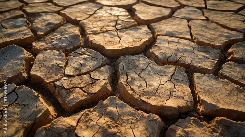 Cracked, dry earth surface under golden sunlight. The parched ground ...