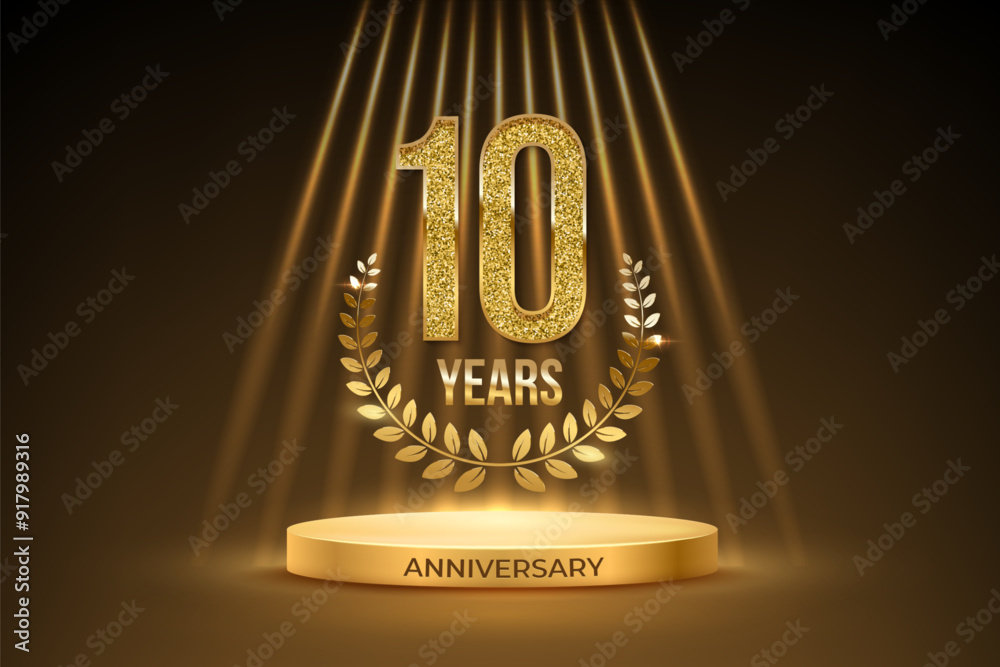 10 years anniversary gold award podium. Celebration birthday or jubilee ...