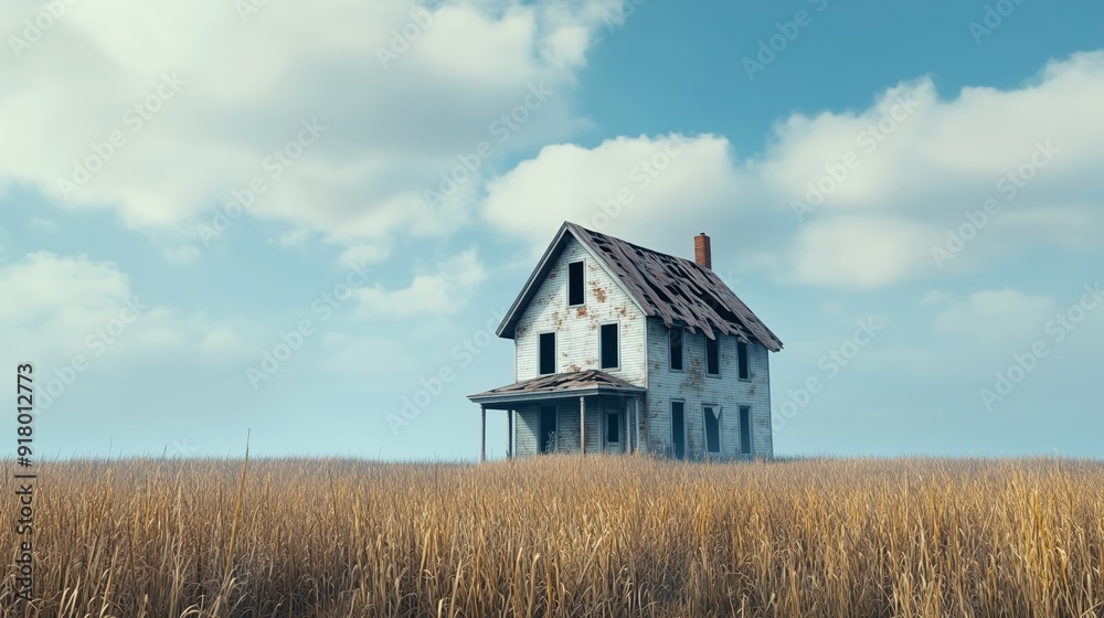 derelict house with a collapsing roof and boarded-up windows is ...