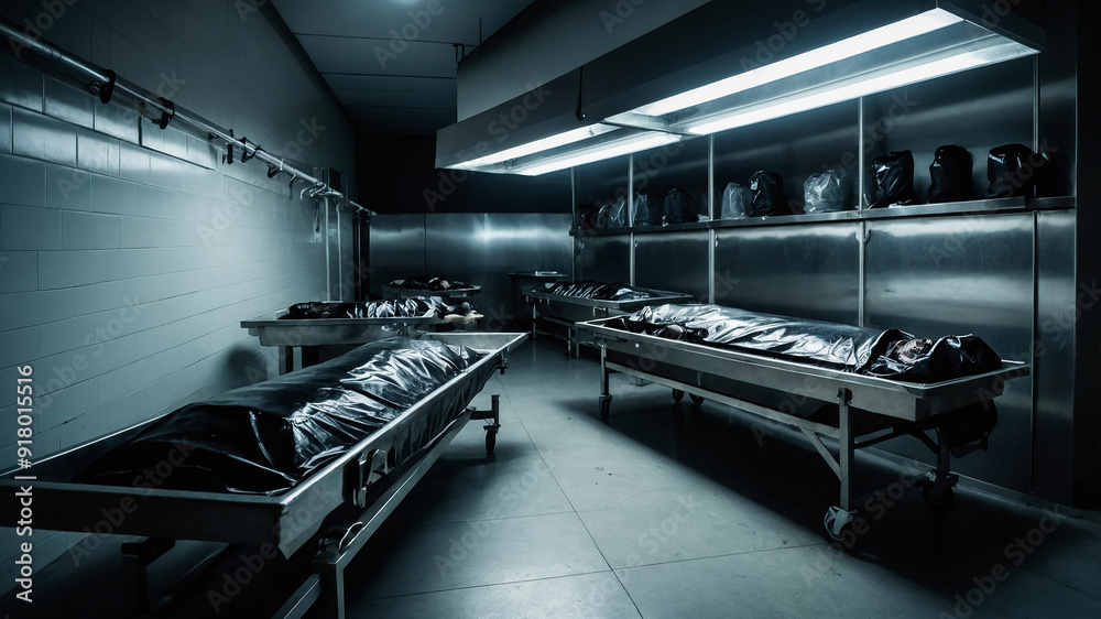 Dimly lit morgue with six morgue tables, each with a black body bag ...