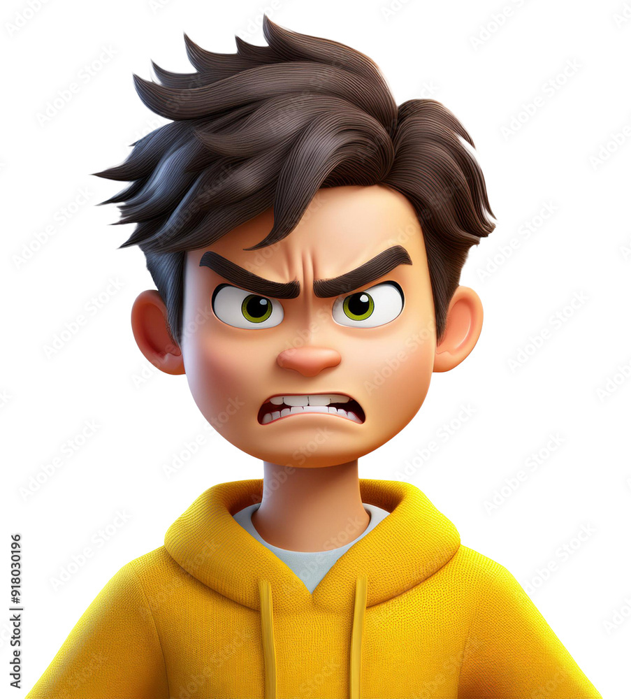 Angry stressed crazy Chinese cartoon character. Teenager boy slanted ...