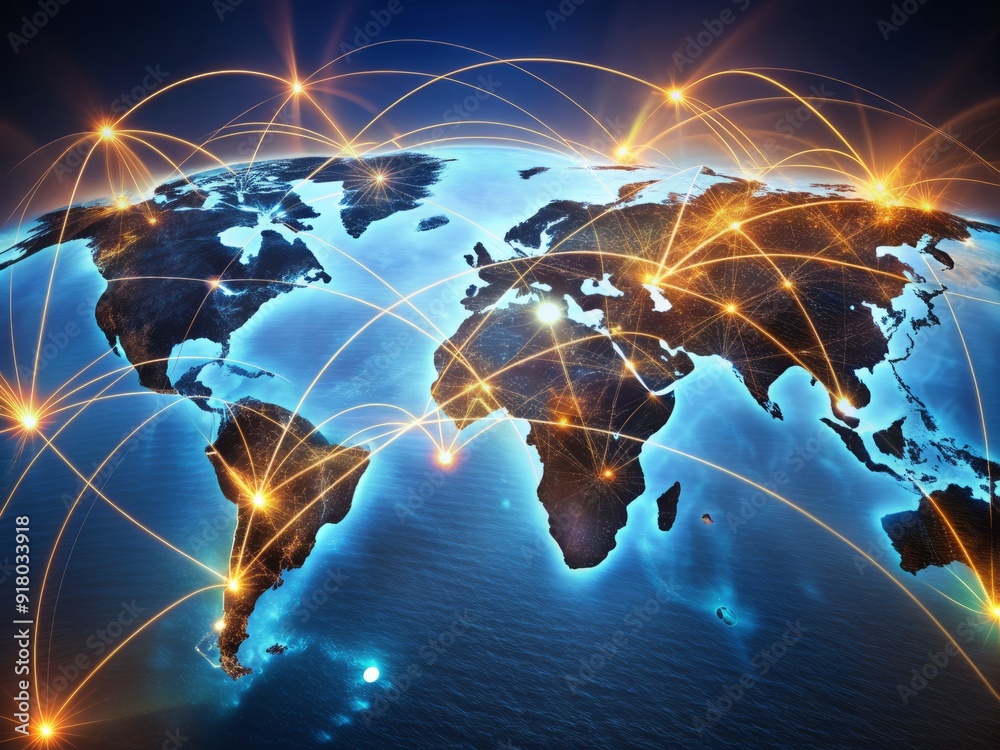 Global network of finance illustrated by vibrant glowing lines ...