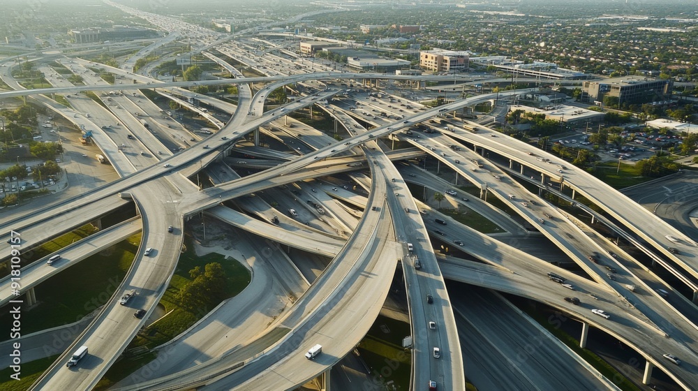 An aerial view of a complex highway interchange, with multiple lanes ...