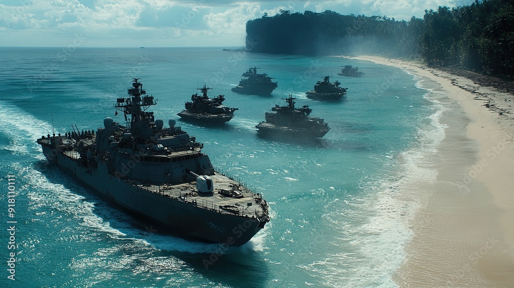 Amphibious assault ship deploying armored vehicles onto a sandy beach ...