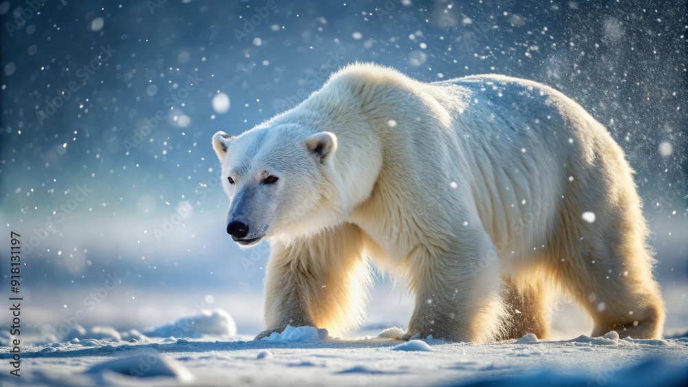 Majestic polar bear stalking prey across frozen Arctic tundra ...