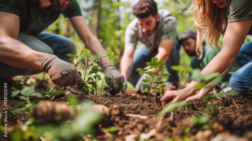 group of volunteers planting trees in a reforestation project and the ...