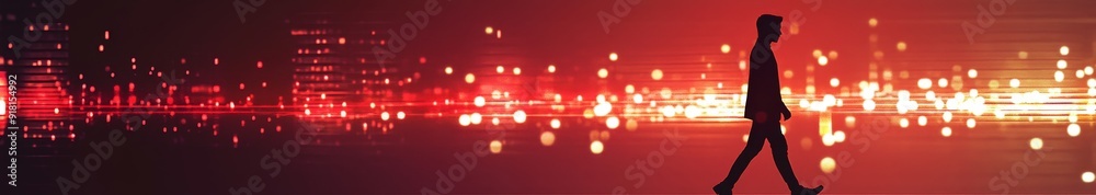 Silhouette of a Walker Amidst Glittering Red Lights, Embracing the High ... Silhouette of a Walker Amidst Glittering Red Lights, Embracing the High ...