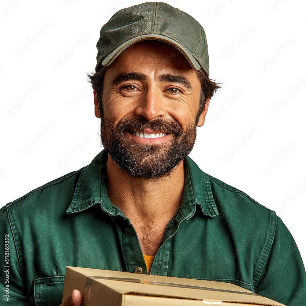 Courier brings package isolated on a transparent background for web ...