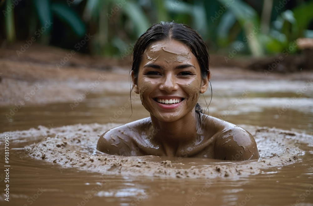 Woman Enjoying a Mud Bath in Nature - Adventure and Wellness Concept ...