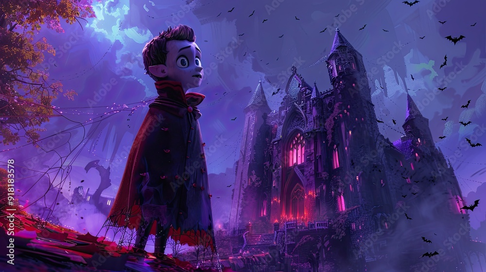 Popular cartoon character as a vampire in a gothic, haunted castle with ...