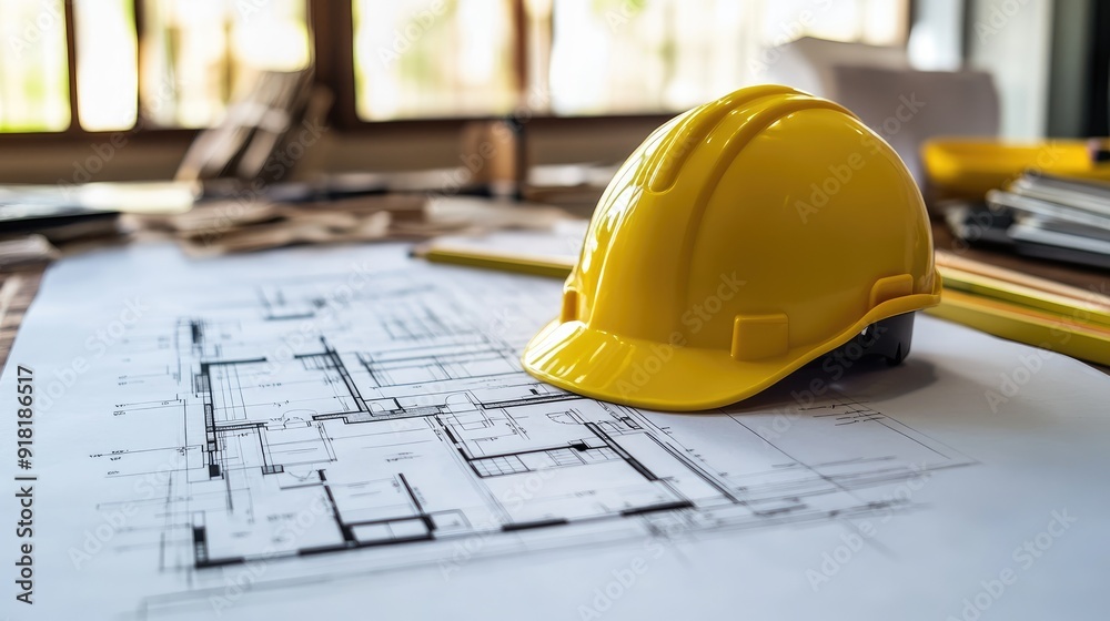 Blueprint floor plan architectural project on the table with yellow ...