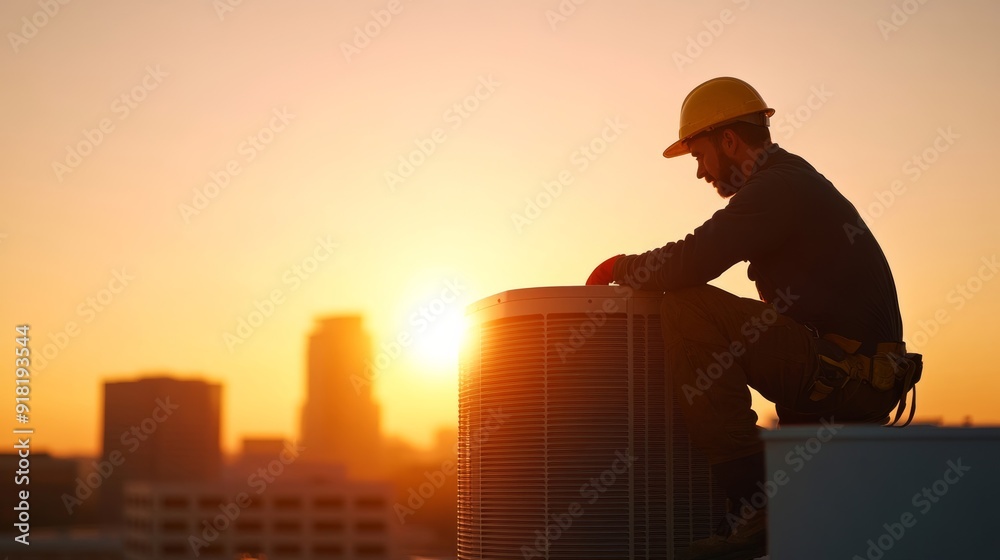 Wide angle of repairman repairing a large air conditioning unit on a ...