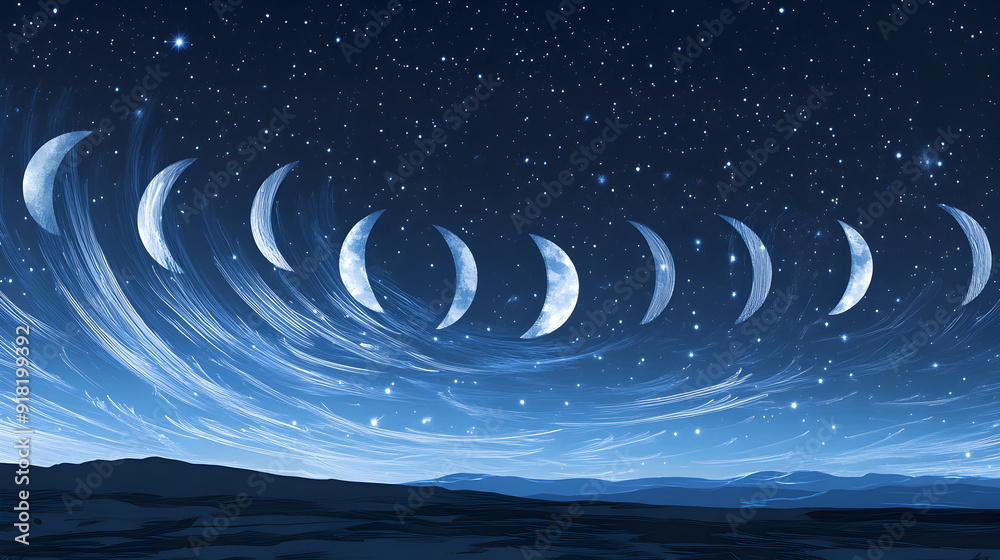 An illustration of an abstract night sky with moon phases and star trails, depicting the ...