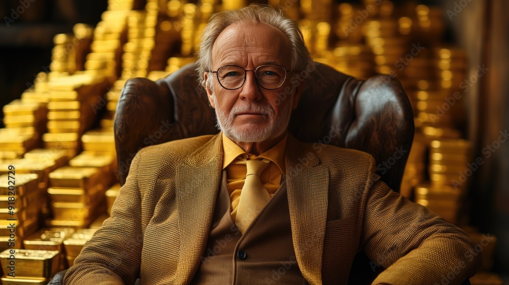 Rich pensioner sitting on the chair with lot of gold bar behind him ...