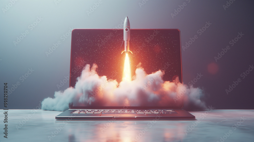 Rocket Launching from Laptop: Technology Startup Concept, Digital Innovation, Futuristic Launch ...