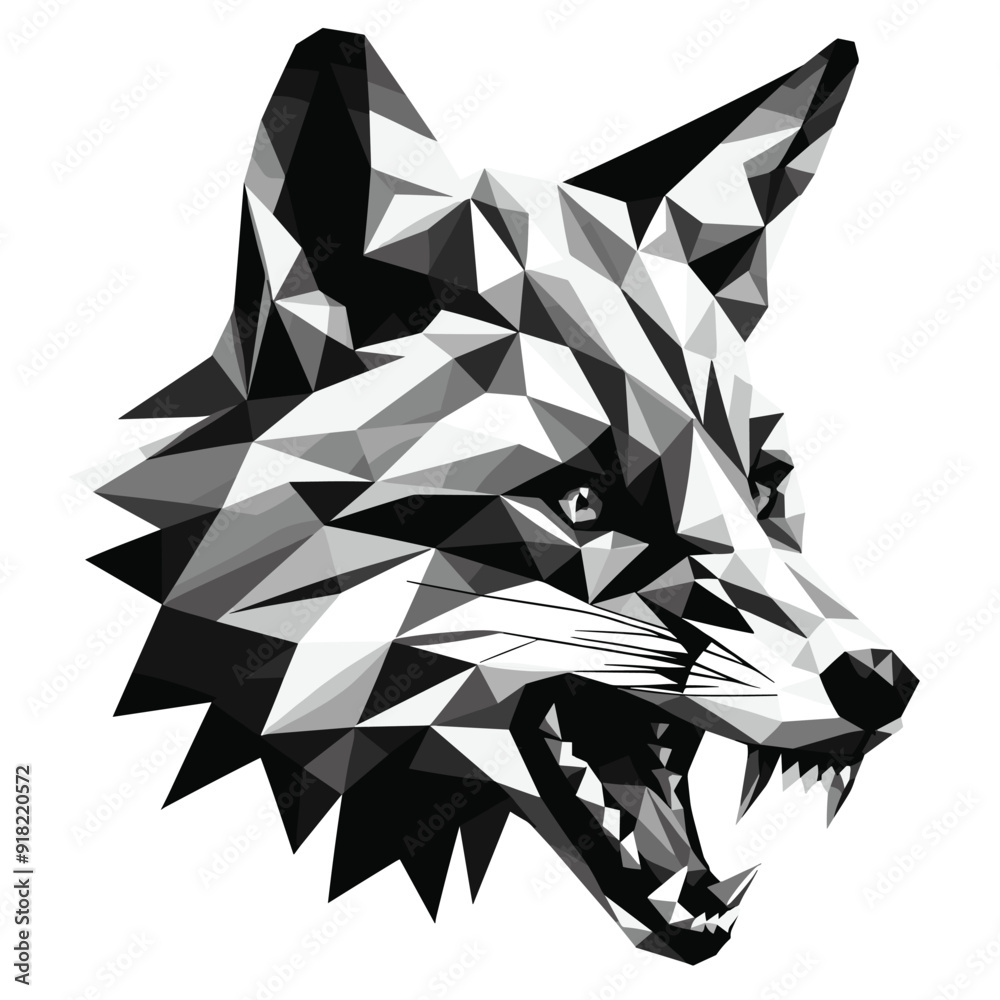 Geometric roaring fox head vector black and white isolated on white ...