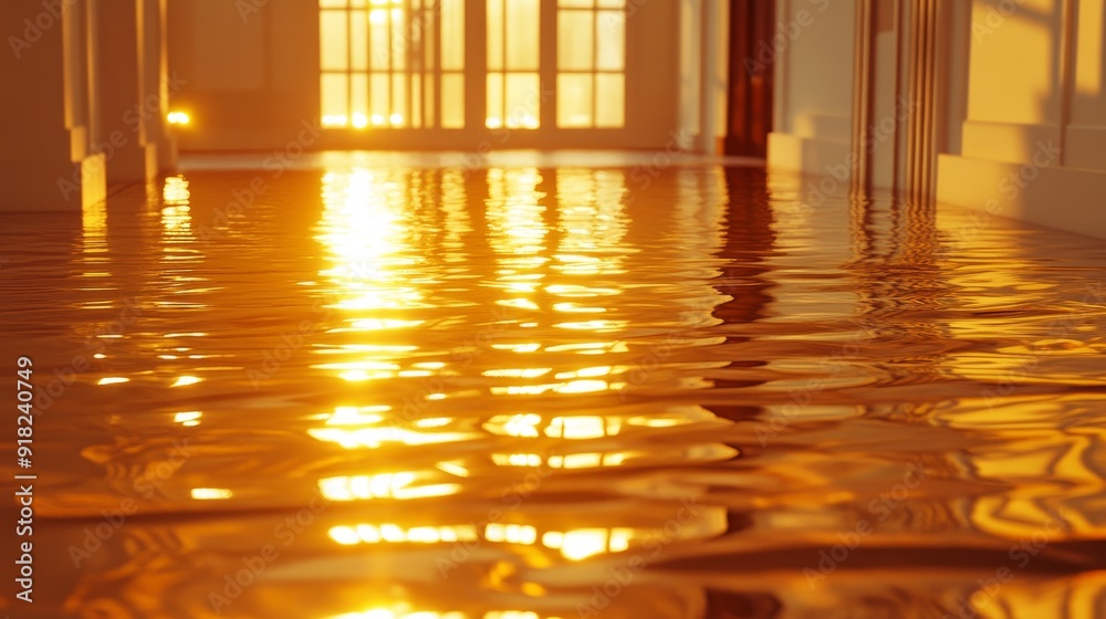Flooded Interior with Golden Sunlight - A flooded interior space with ...