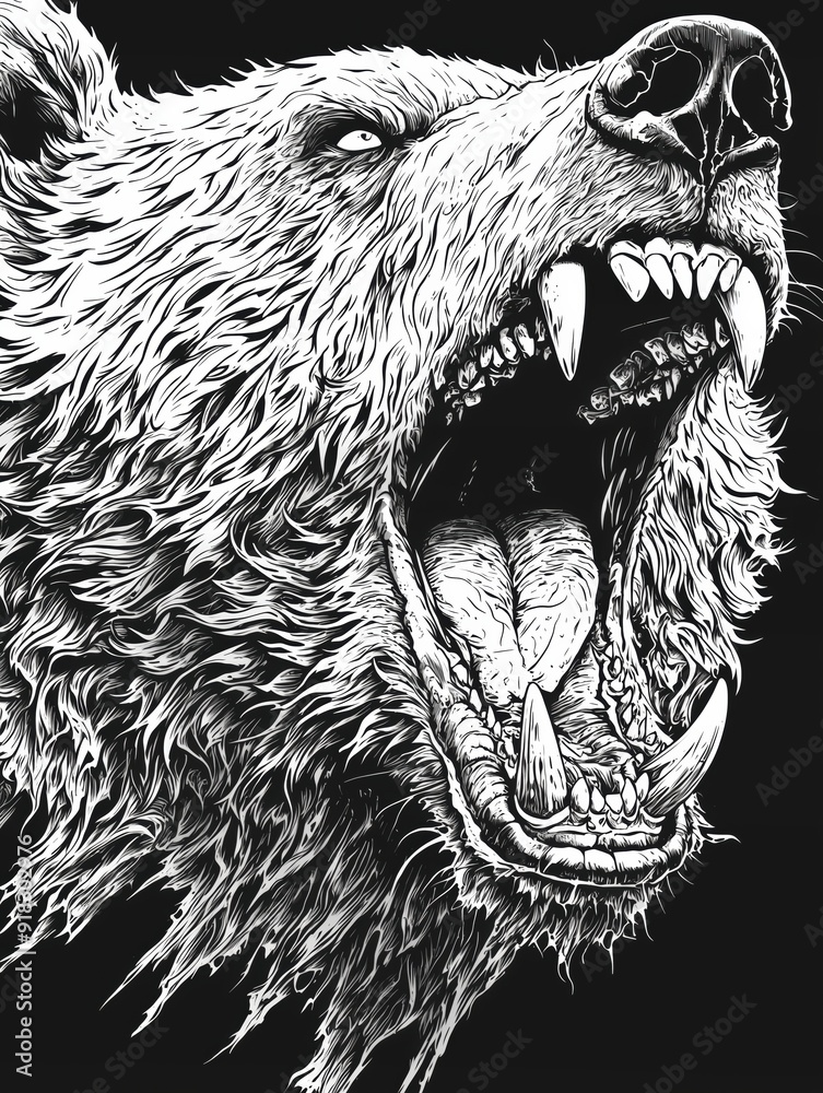 Terrifying Bear Growling in Horror Art Style with Detailed White Ink ...