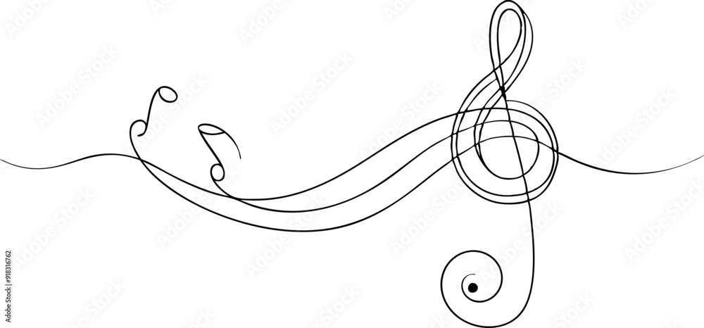 continuous single line drawing of music notes and treble clef, abstract ...