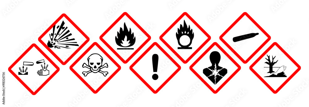 Globally Harmonized System (GHS) hazard Warning symbols with red curved outline isolated on ...