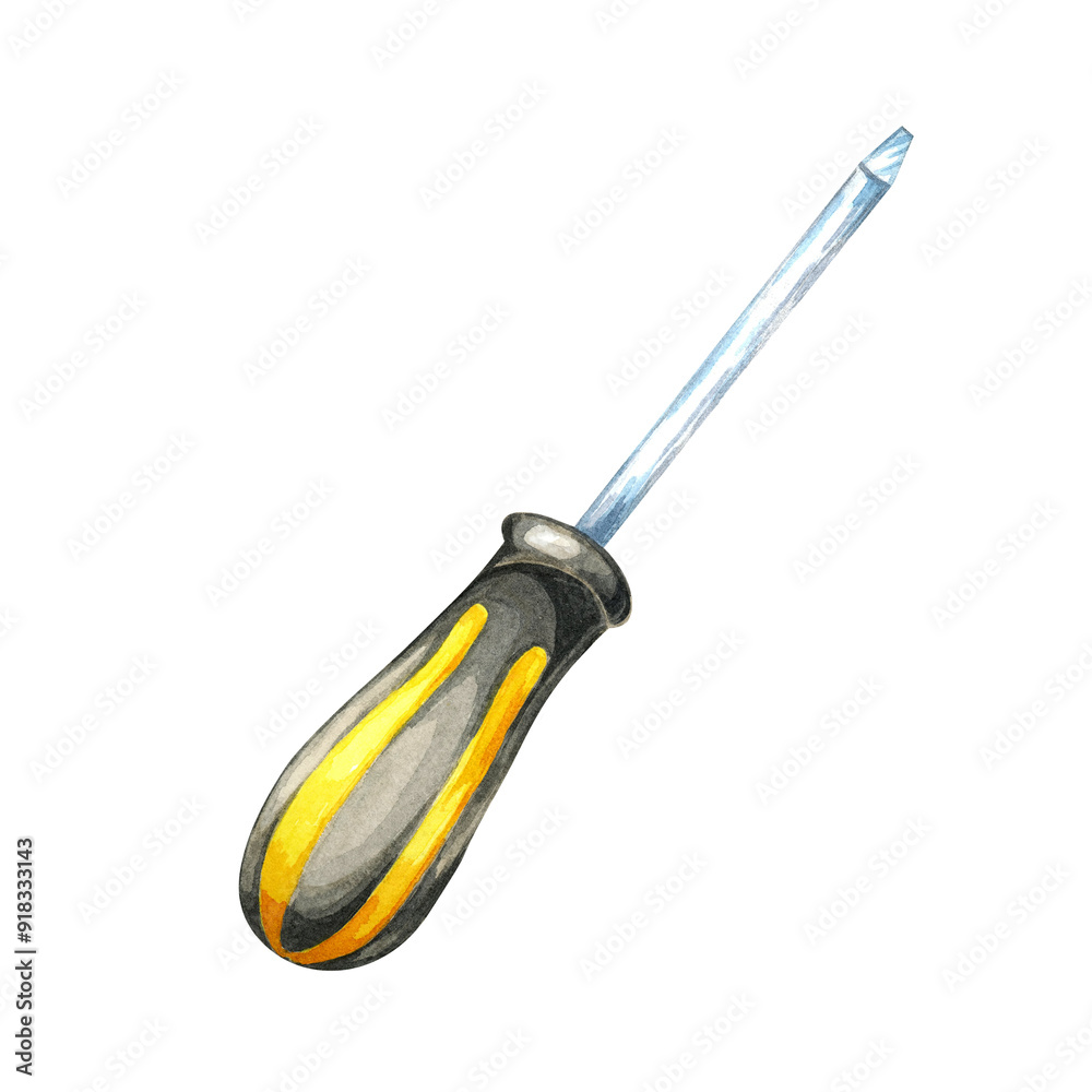 Screwdriver with a black and yellow rubber handle and a metallic tip ...