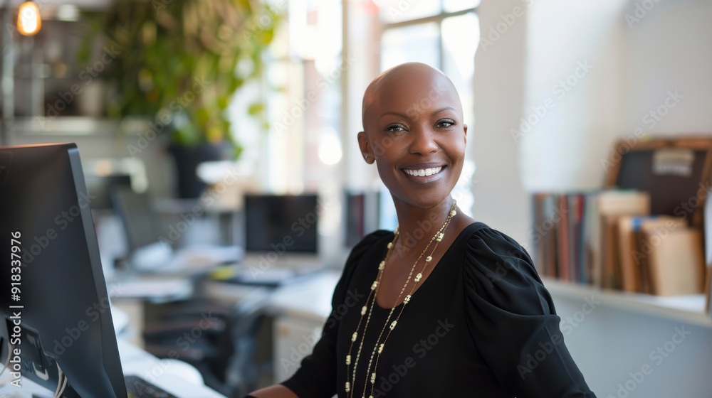 Bald Black female CEO standing at her workstation, smiling brightly and ...