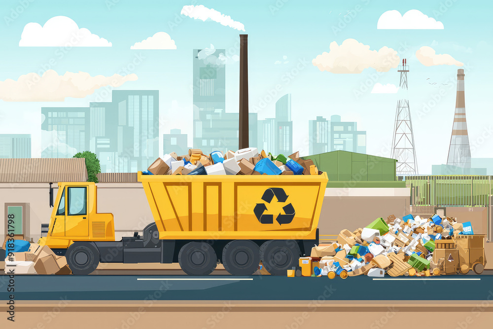A modern recycling truck loads and processes waste in a bustling ...