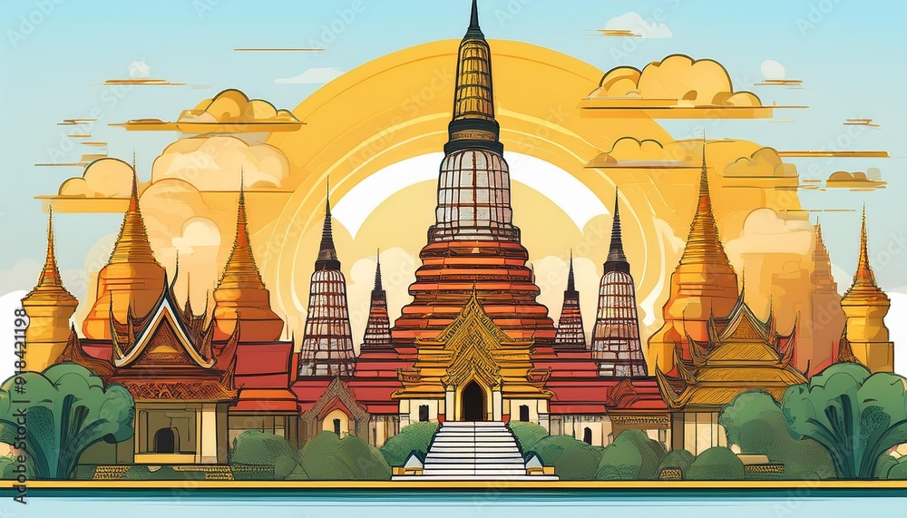 Ilustração Buddhist Temples- Cartoon or detailed representations of ...