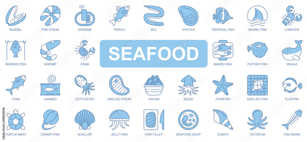 Seafood icons set in duotone outline stroke design for web. Pack ...