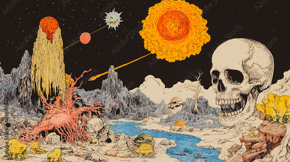 Psychogeography creative surrealistic art with many colorful details ...